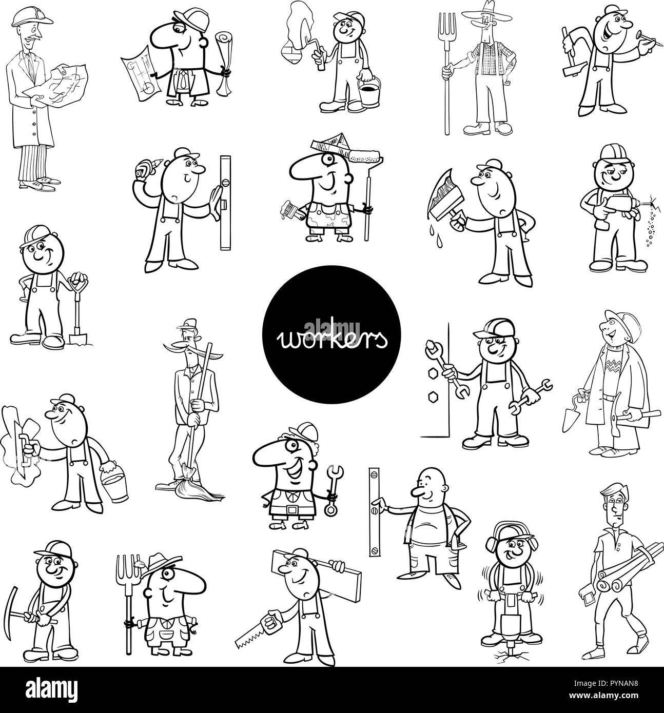 Black and White Cartoon Illustration of Funny Manual Workers at Work ...