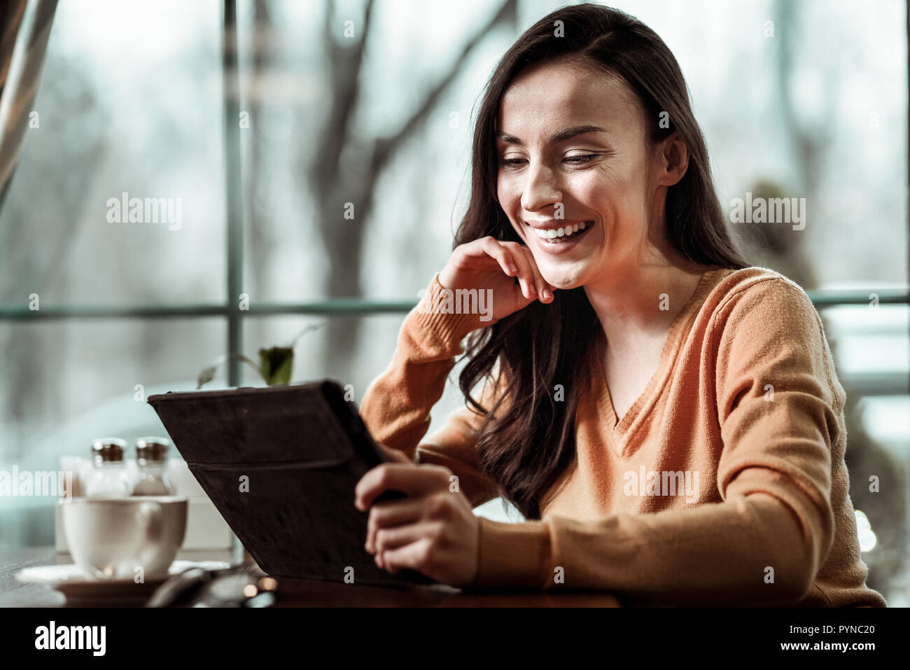 Cheerful brunette staring at screen of tablet Stock Photo - Alamy