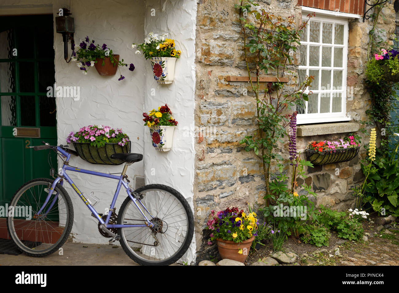 Stone house with streetside garden and bicycle at front door Holy ...