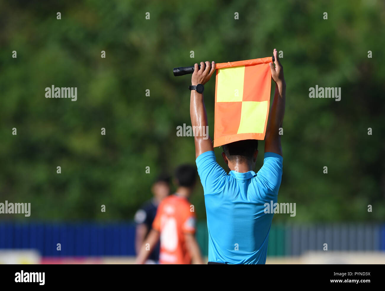 Assistant referee hold flag , substitution signal Stock Photo - Alamy