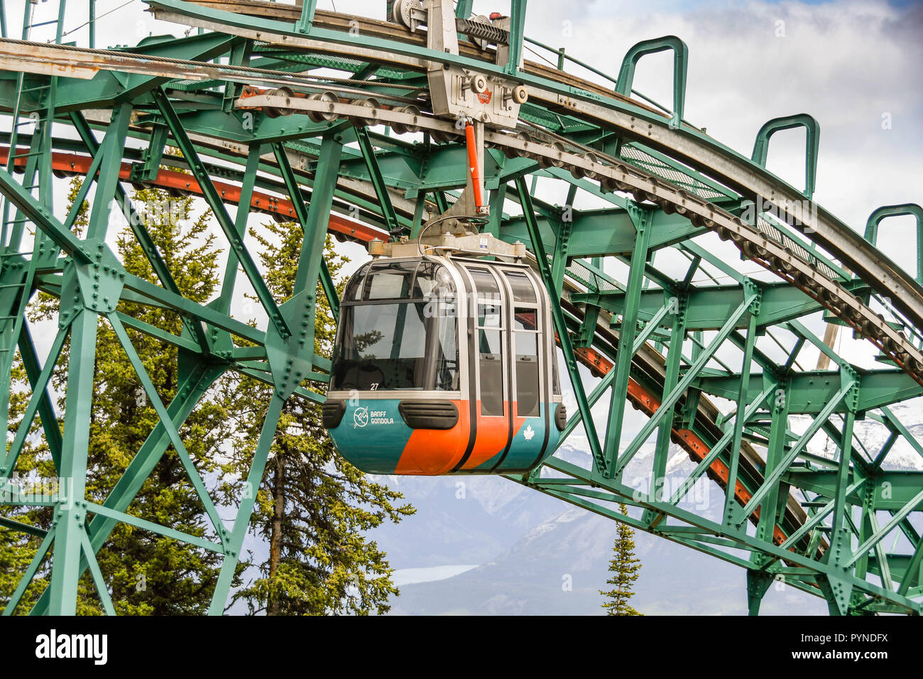 BANFF, AB, CANADA - JUNE 2018: A cable car gondola approaching the ...