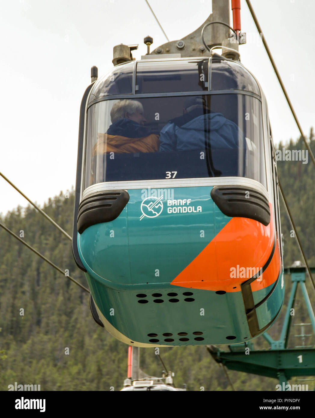 BANFF, AB, CANADA - JUNE 2018: Close up view of a cable car gondola ...