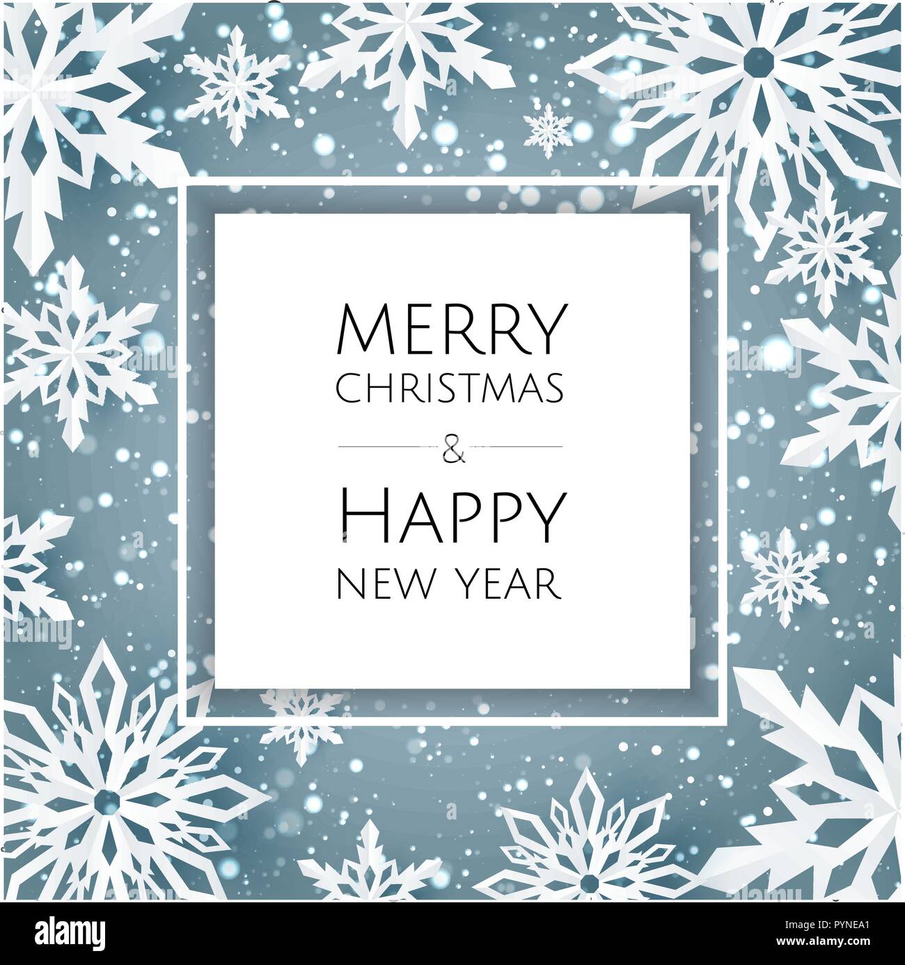 Christmas card with paper snow flake. Falling snowflakes on a dark blue ...