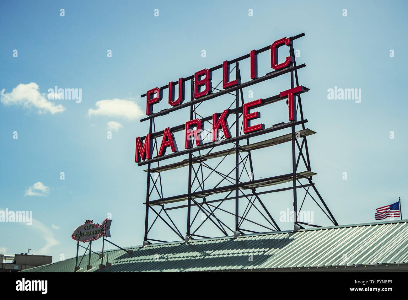 Exterior Public Market neon sign on the roof of Pike Place Market ...
