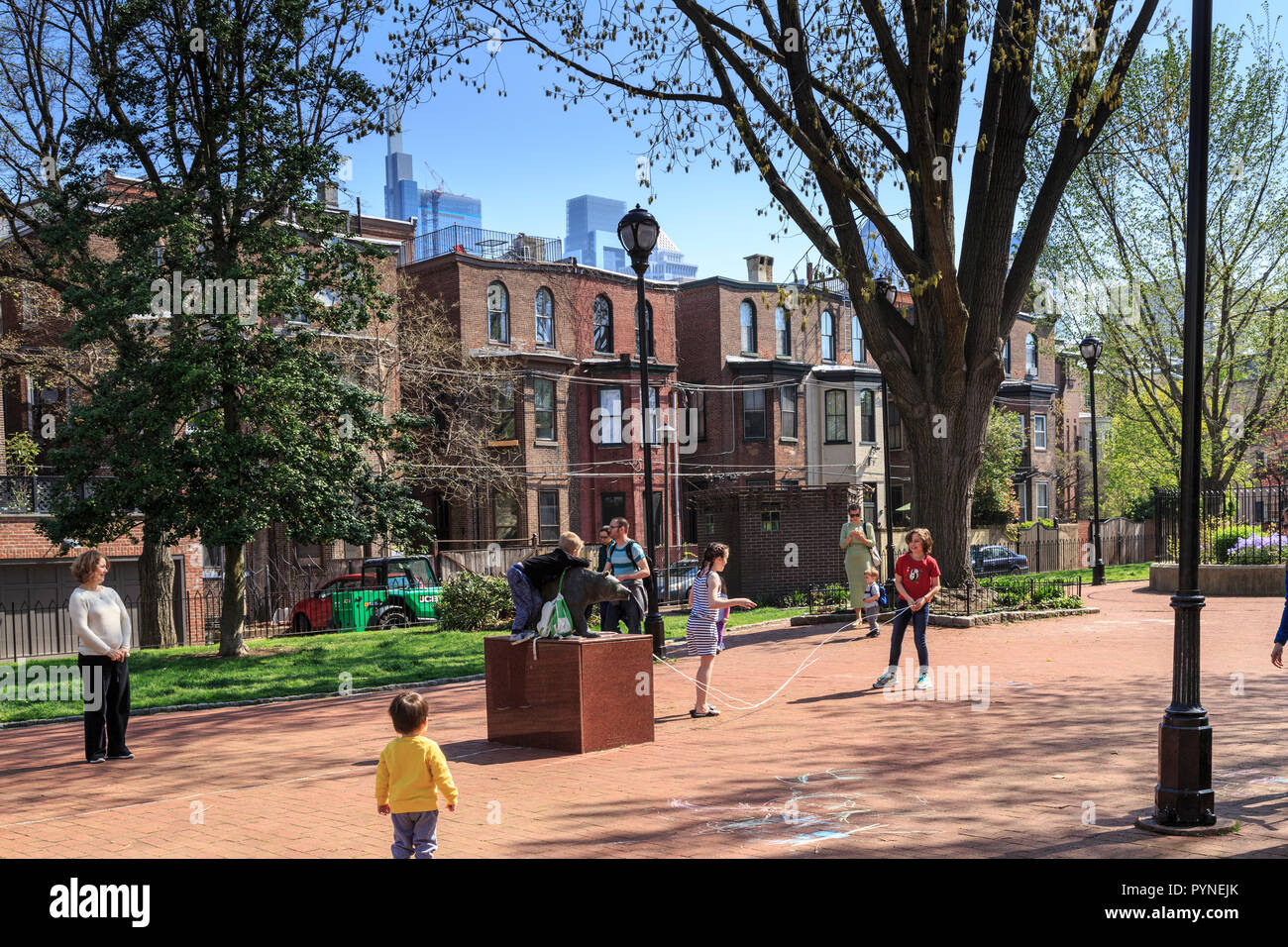 Fitlers Square Neighborhood park in Spring with kids playing jump rope ...