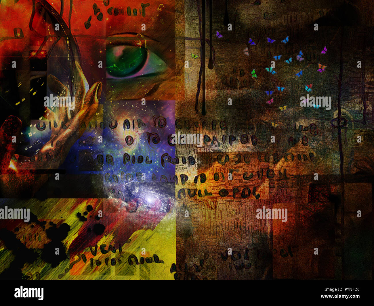 Surrealism. Hand holds glass sphere, green eye and ancient prophecy ...