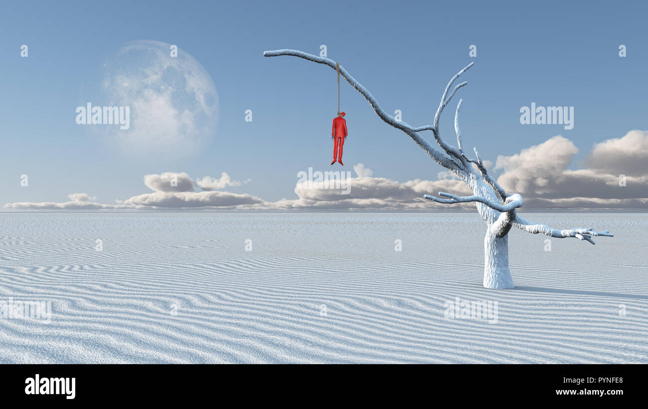 Surreal white desert. Man in red suit hanged on a dry tree Stock Photo ...