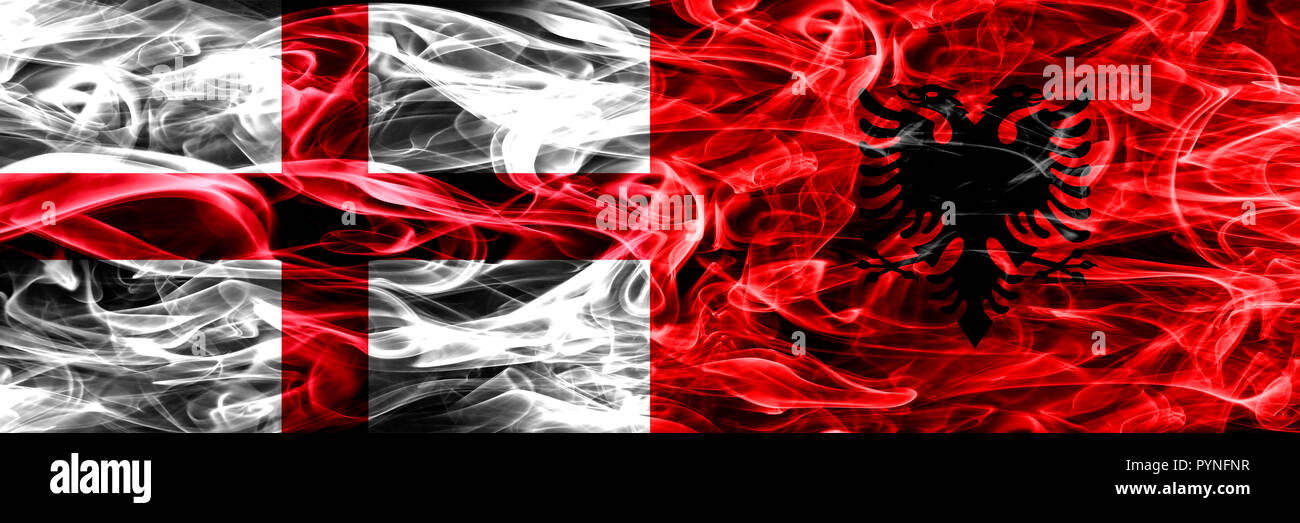England vs Albania, Albanian smoke flags placed side by side. Thick ...