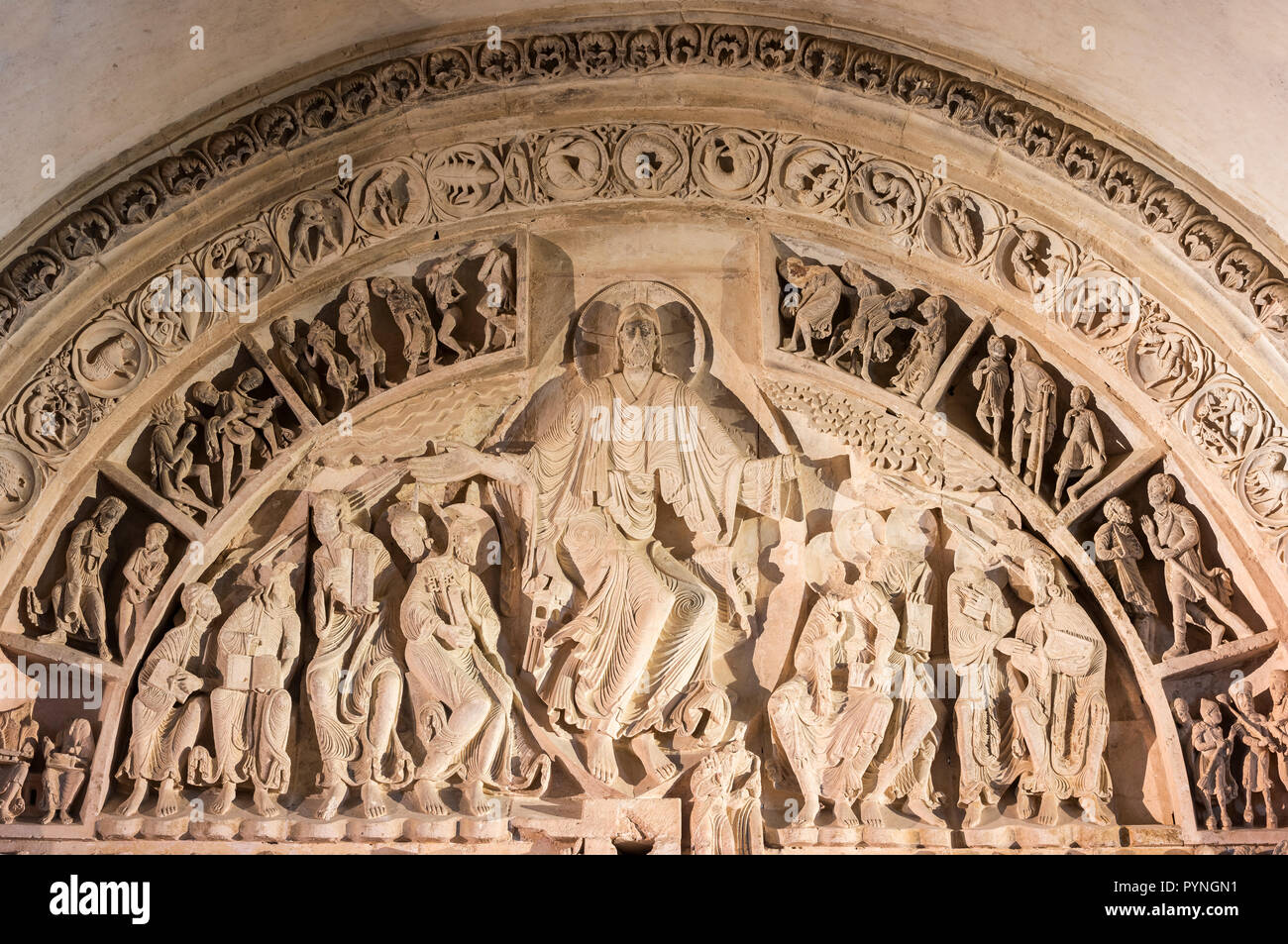 Vezelay, France - July 29, 2018: Main tympan of the romanesque church ...