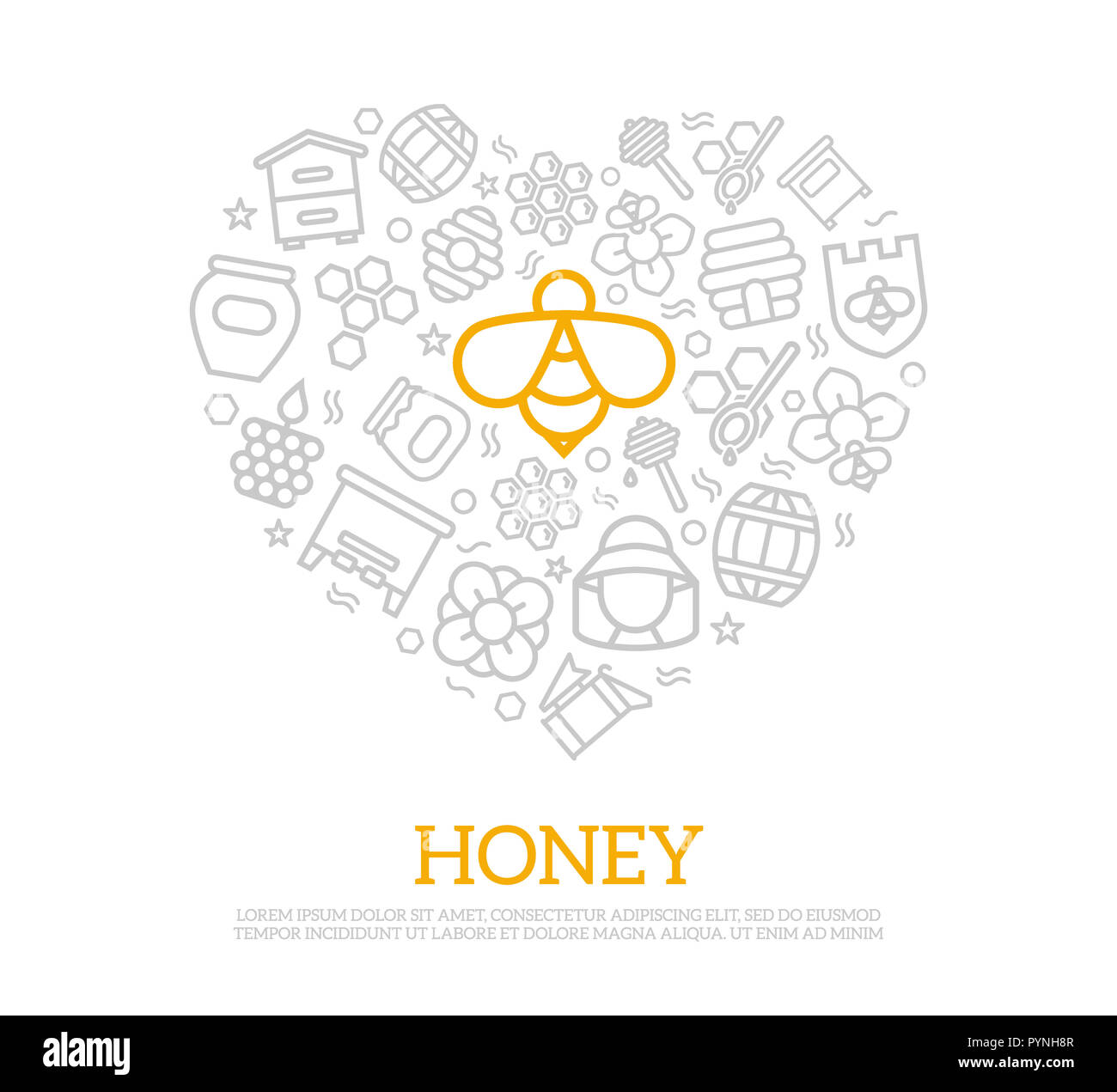 Honey thin line icons in heart shape design concept. Illustration for ...