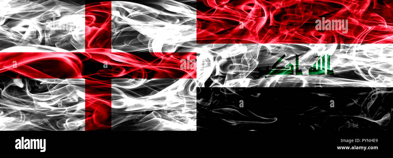 England vs Iraq, Iraqi smoke flags placed side by side. Thick colored ...