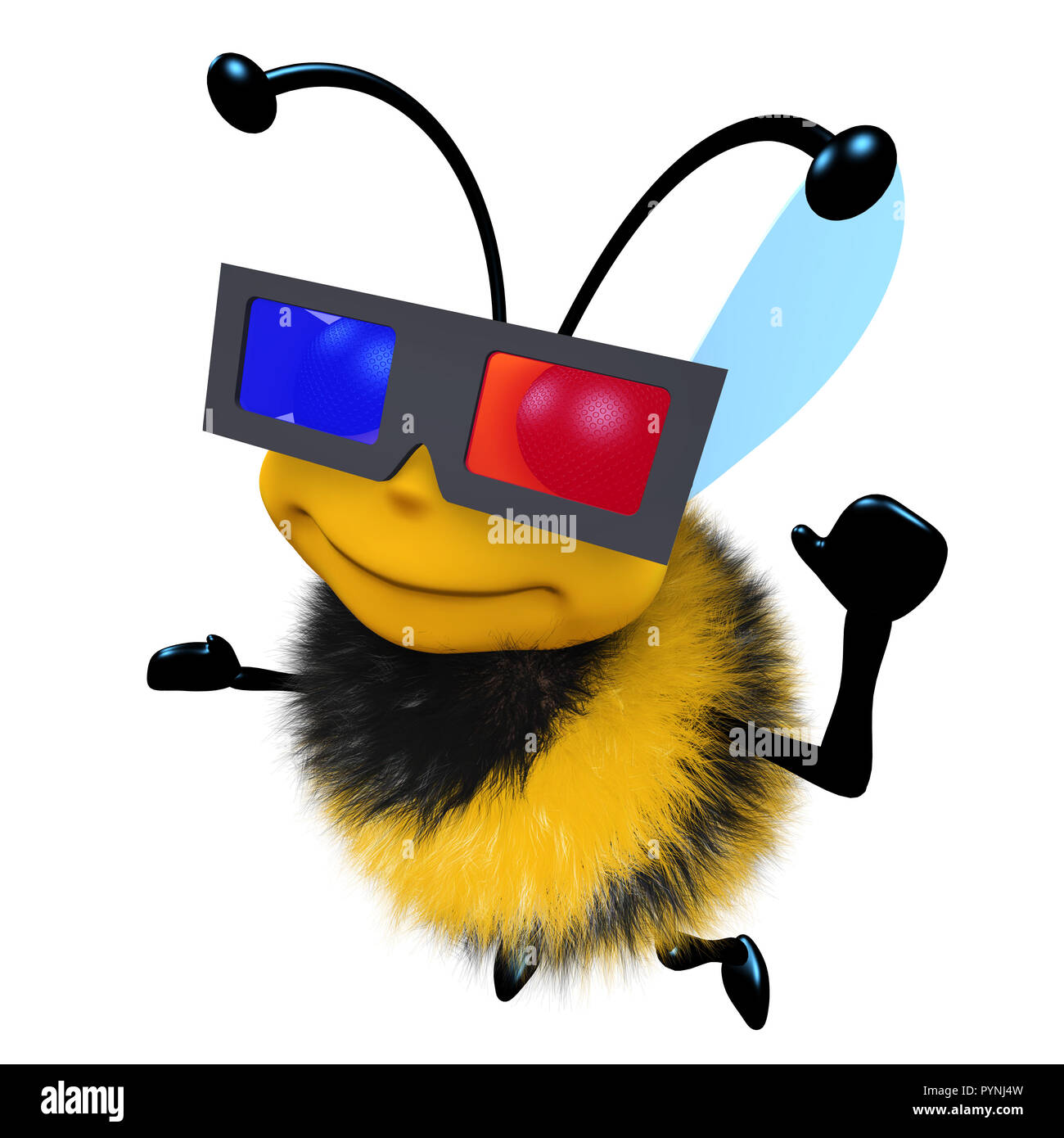 3d render of a funny cartoon honey bee character wearing a 3d glasses ...