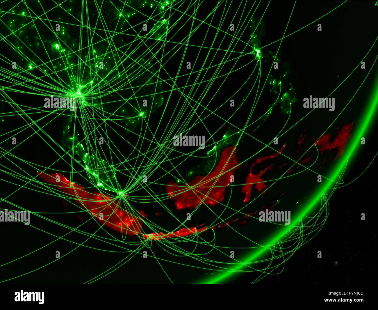Indonesia on green model of planet Earth with network at night. Concept ...