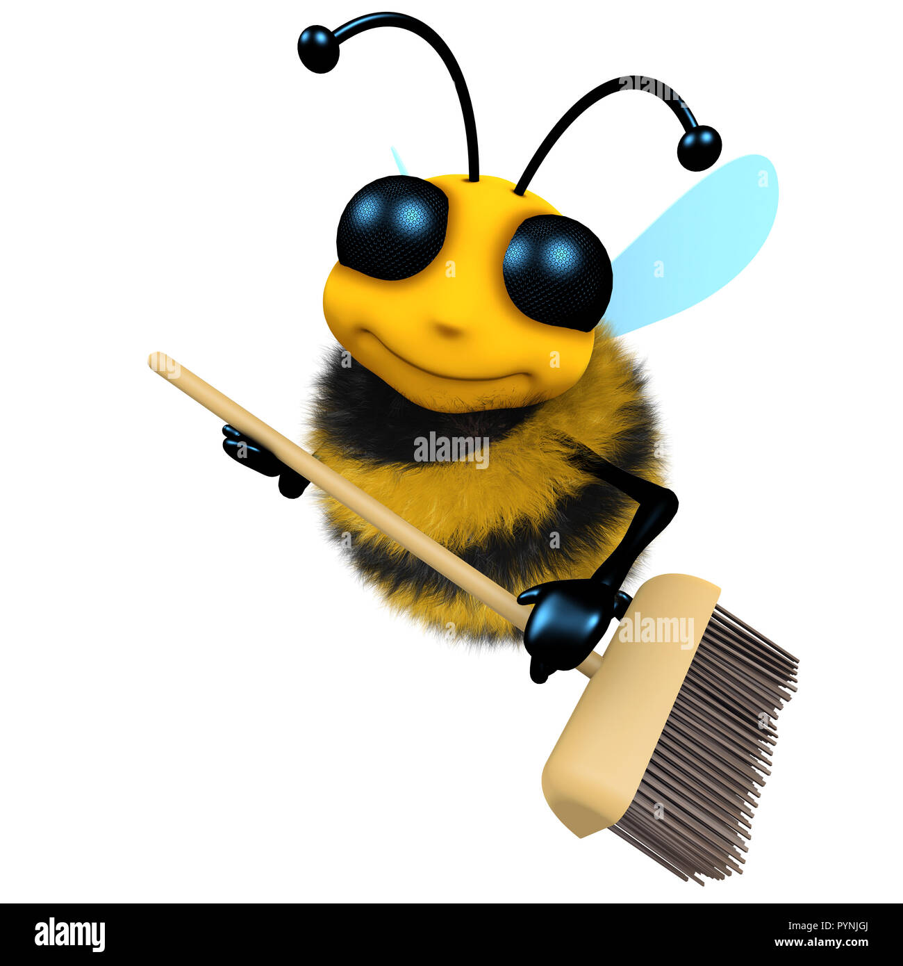 3d render of a funny cartoon honey bee character is sweeping with a ...