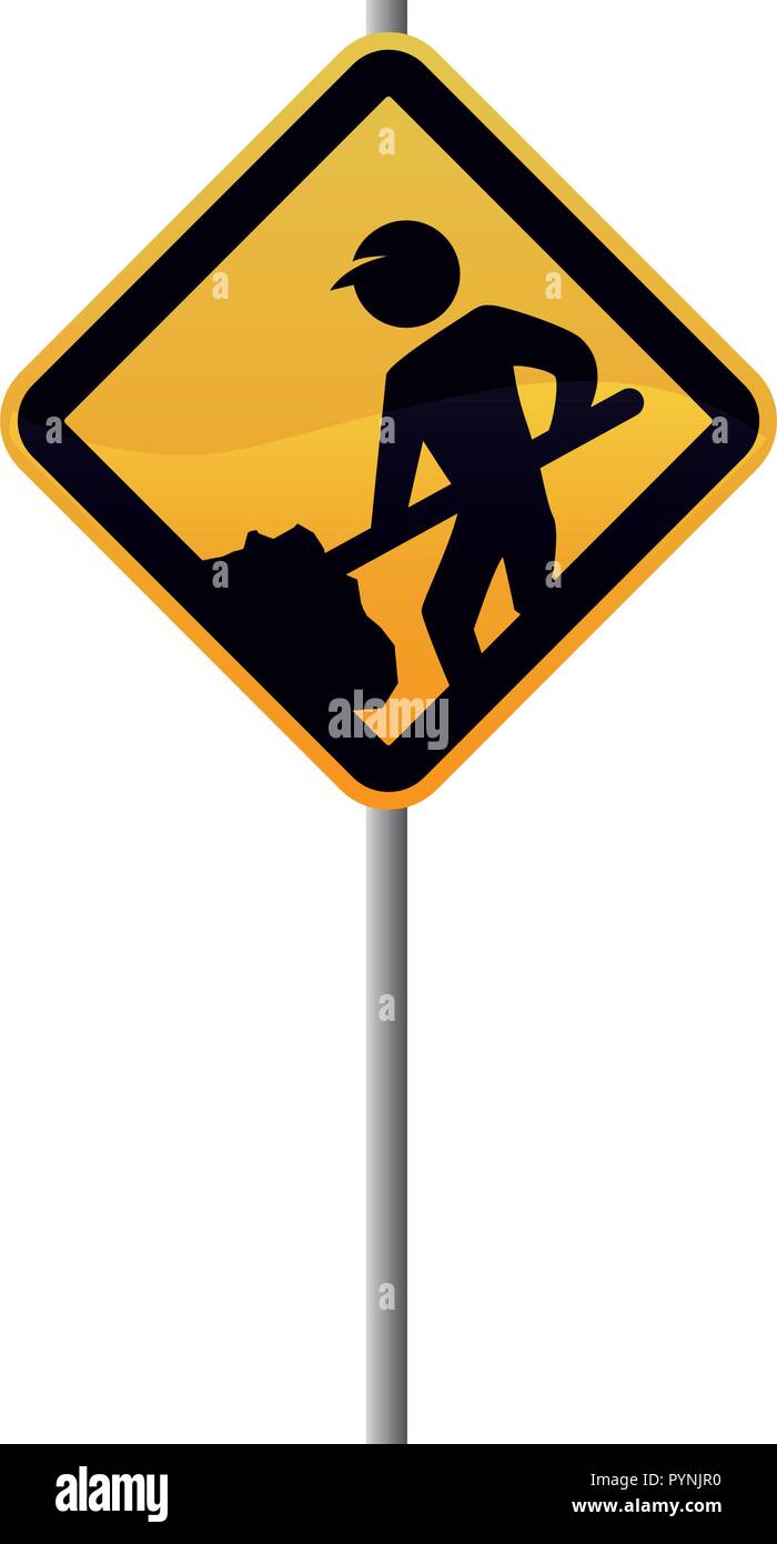 signal with worker builder and shovel silhouette vector illustration ...