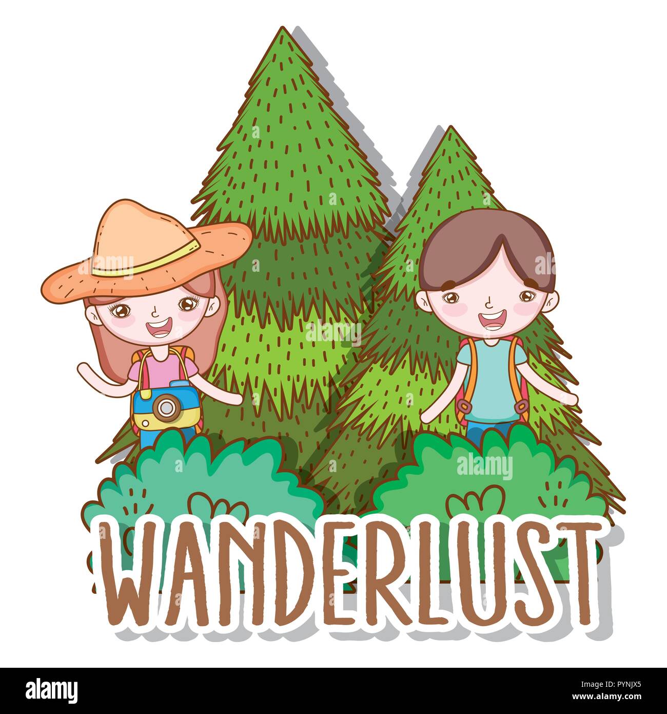 girl and boy with pine trees adventure Stock Vector Image & Art - Alamy
