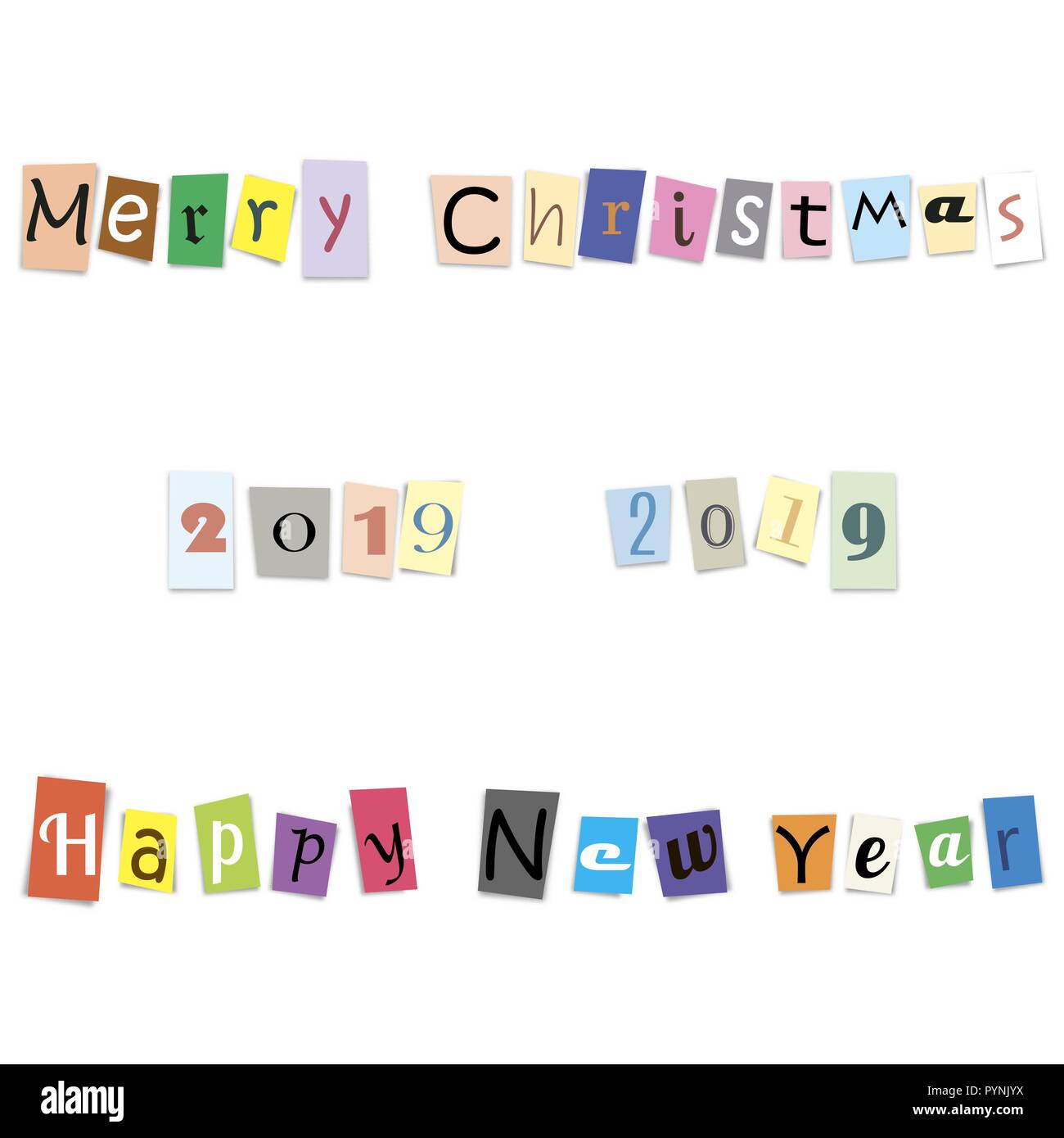 Text Happy New Year, Merry Christmas and numbers 2019 from cut letters ...