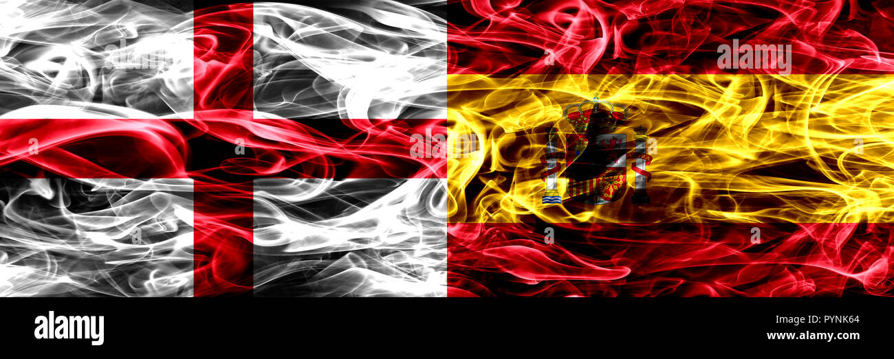 England vs Spain, Spanish smoke flags placed side by side. Thick ...