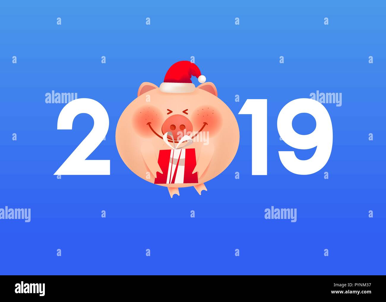 Santa pig with numbers 2019. Symbol of New year Xmas holiday. Flat ...