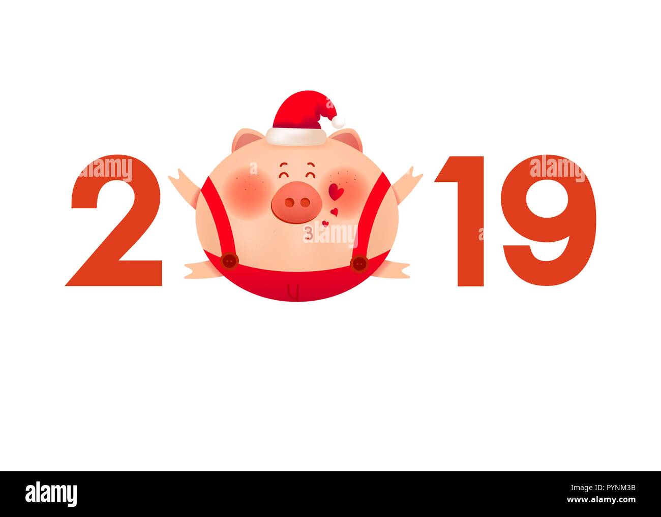 Santa pig with numbers 2019. Symbol of New year Xmas holiday. Flat ...