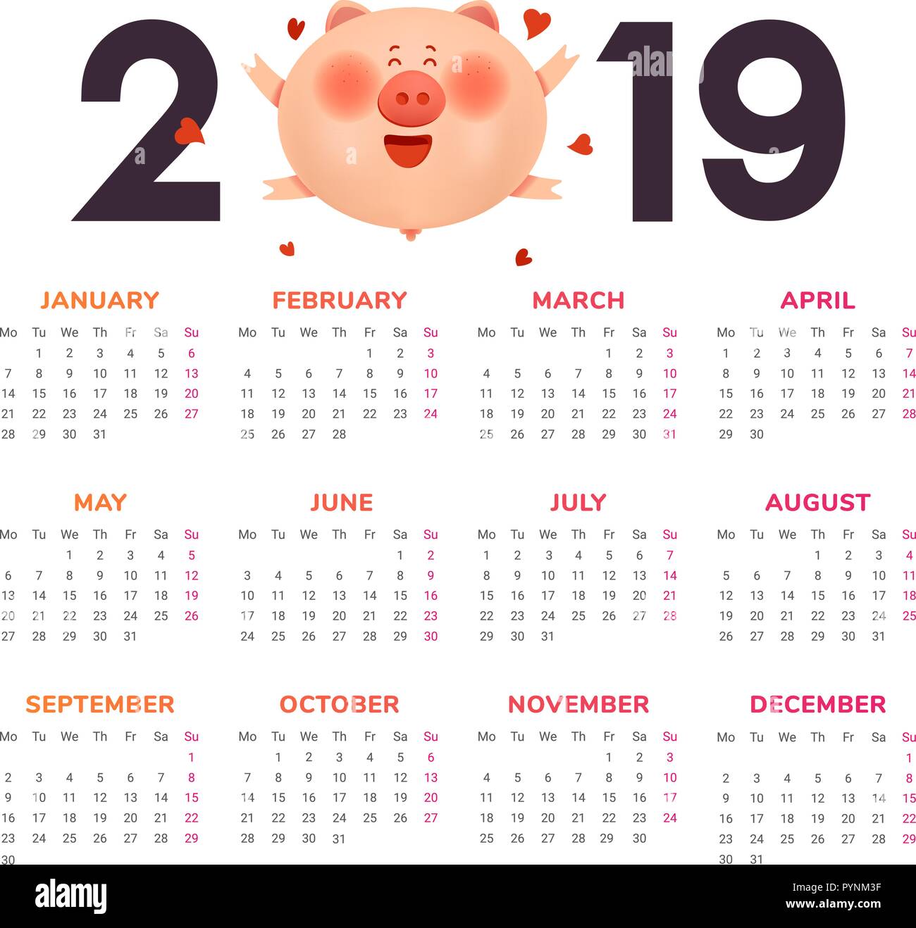 Calendar for 2019. Colored numbers with a jolly fat pig and hearts ...