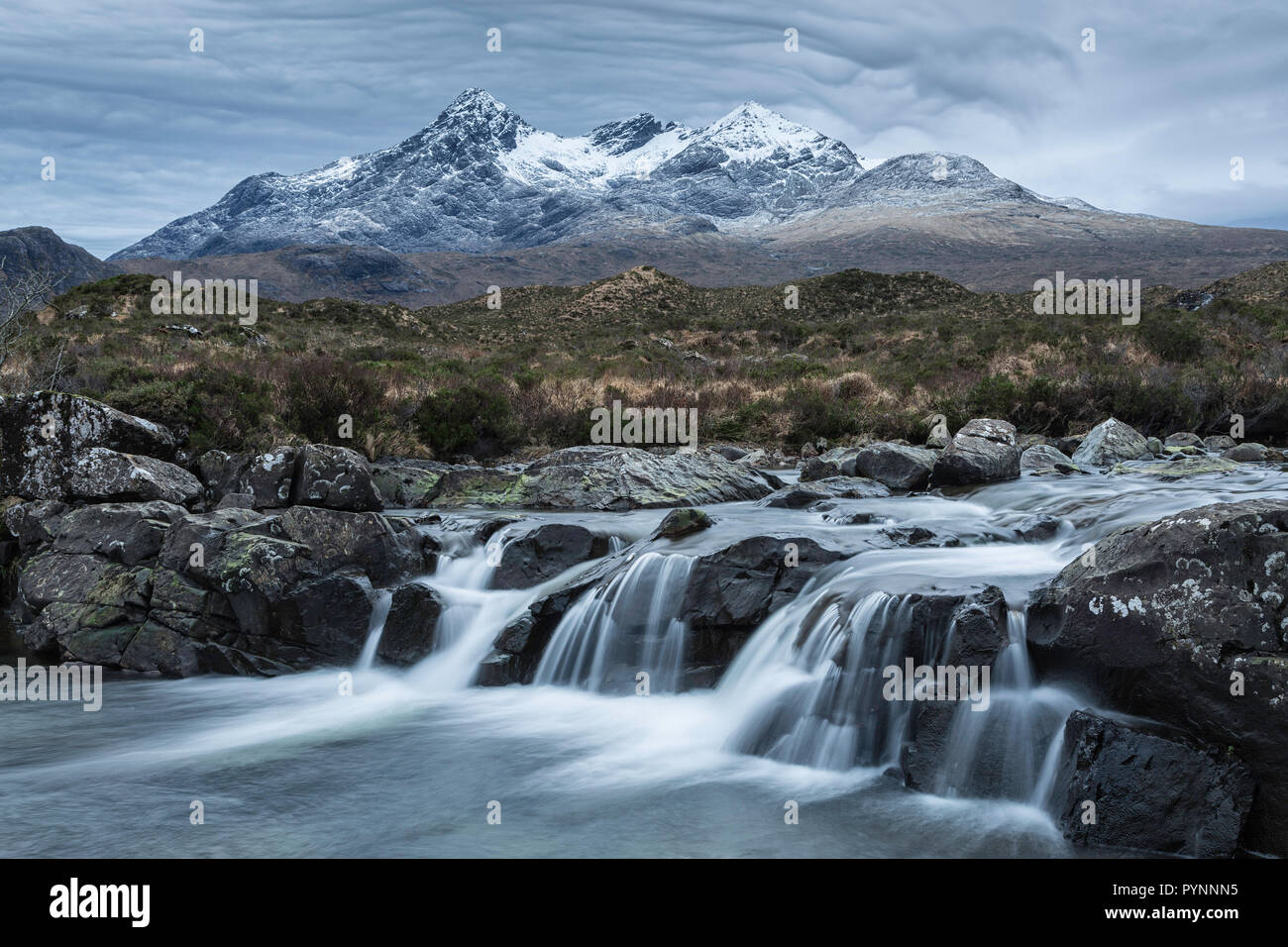 Waterfall with the Black Cuillin mountain, Sligachan, Isle of Skye ...