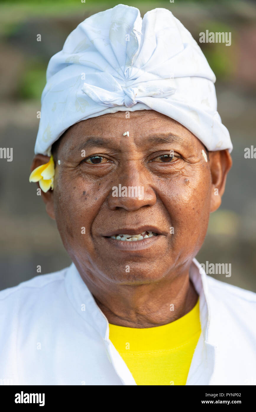 PEMUTERAN, INDONESIA, JANUARY 01, 2018 : Portrait of a Hindu religious ...