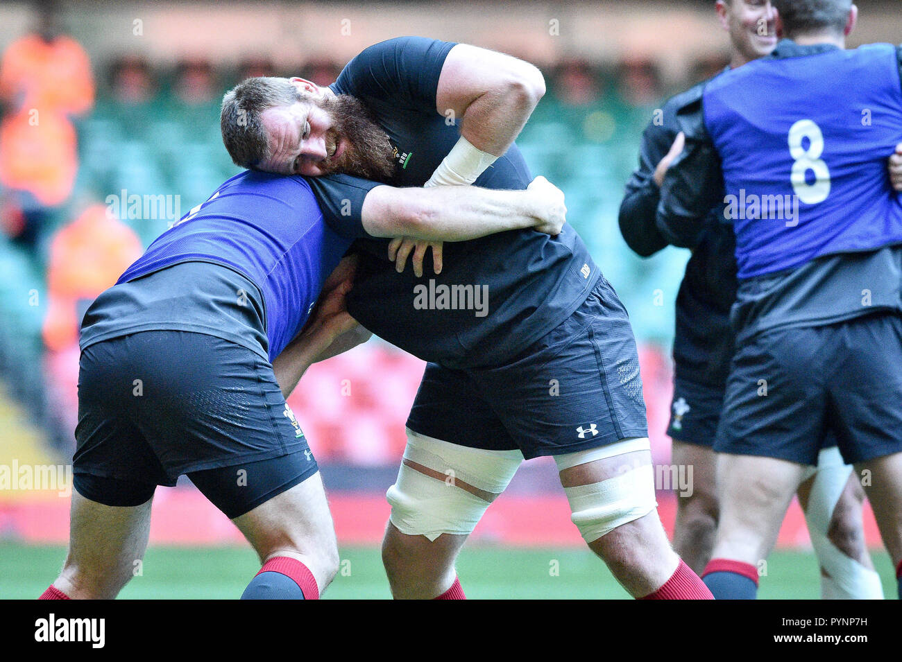Wales' Jake Ball grapples with a team mate during the training session ...