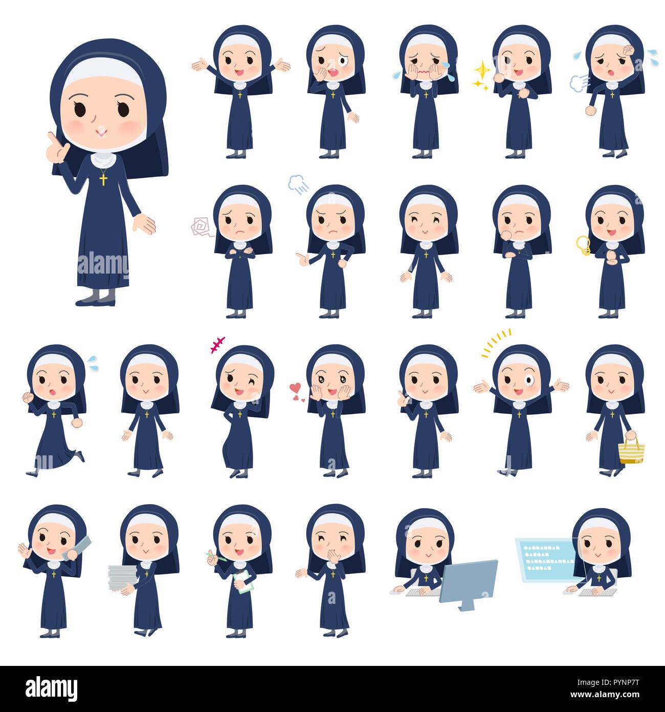 A set of Nun women with who express various emotions.There are actions ...