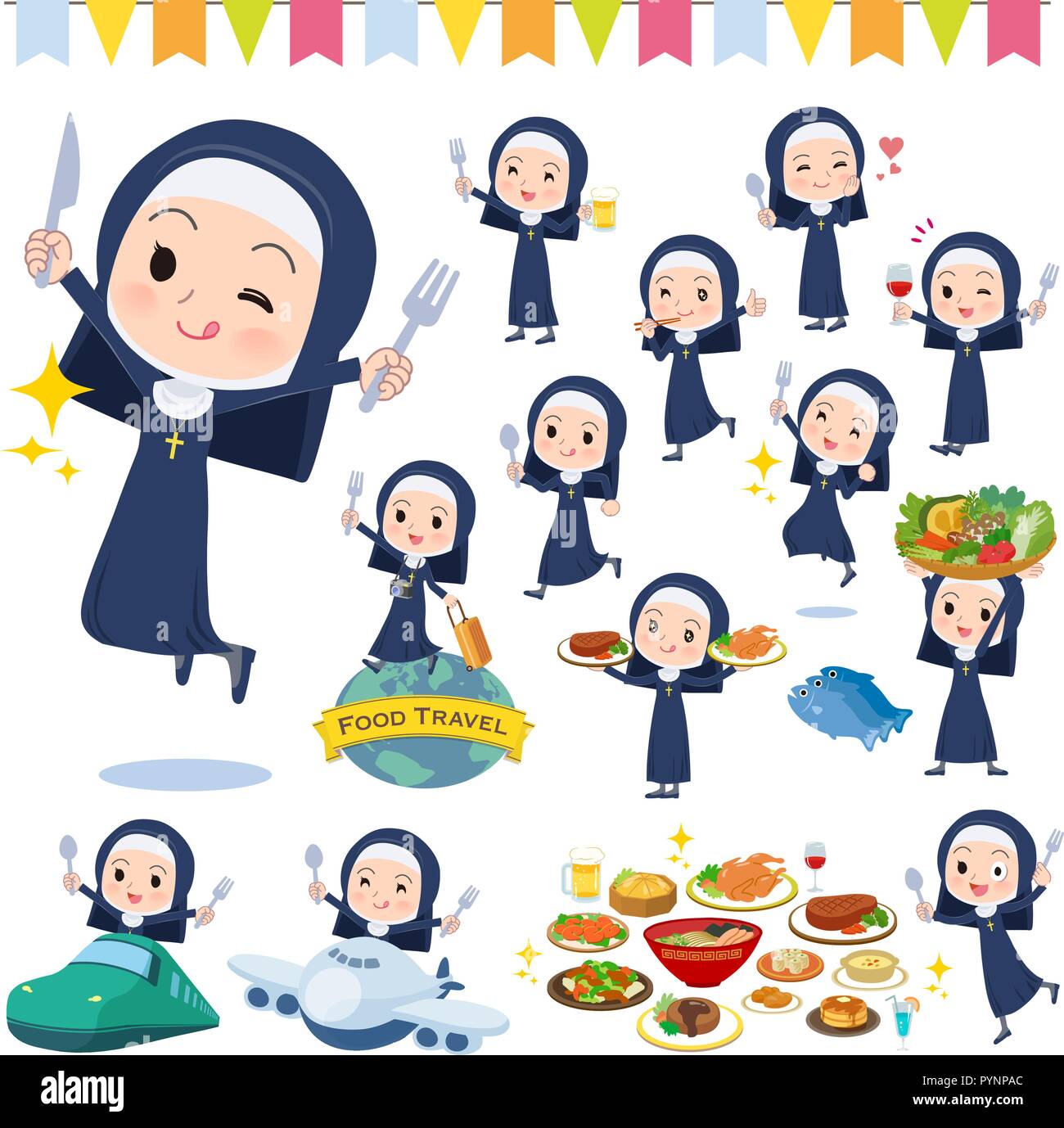 A set of Nun women on food events.There are actions that have a fork ...