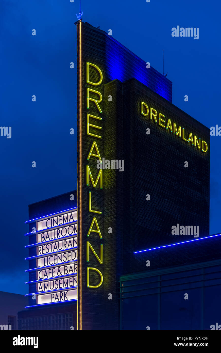 The iconic Art Deco sign for DREAMLAND on the Margate seafront Stock ...