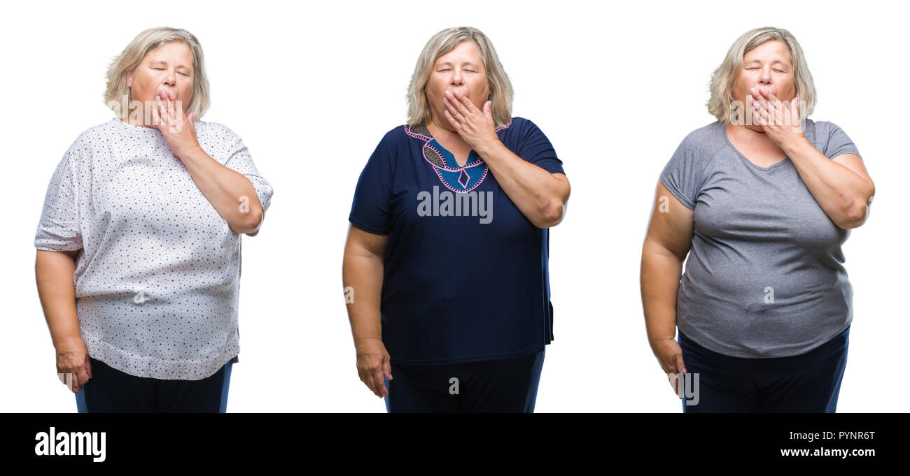Collage of senior fat woman over isolated background bored yawning ...