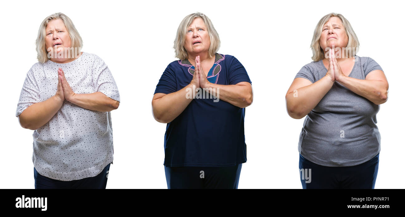 Collage of senior fat woman over isolated background begging and ...