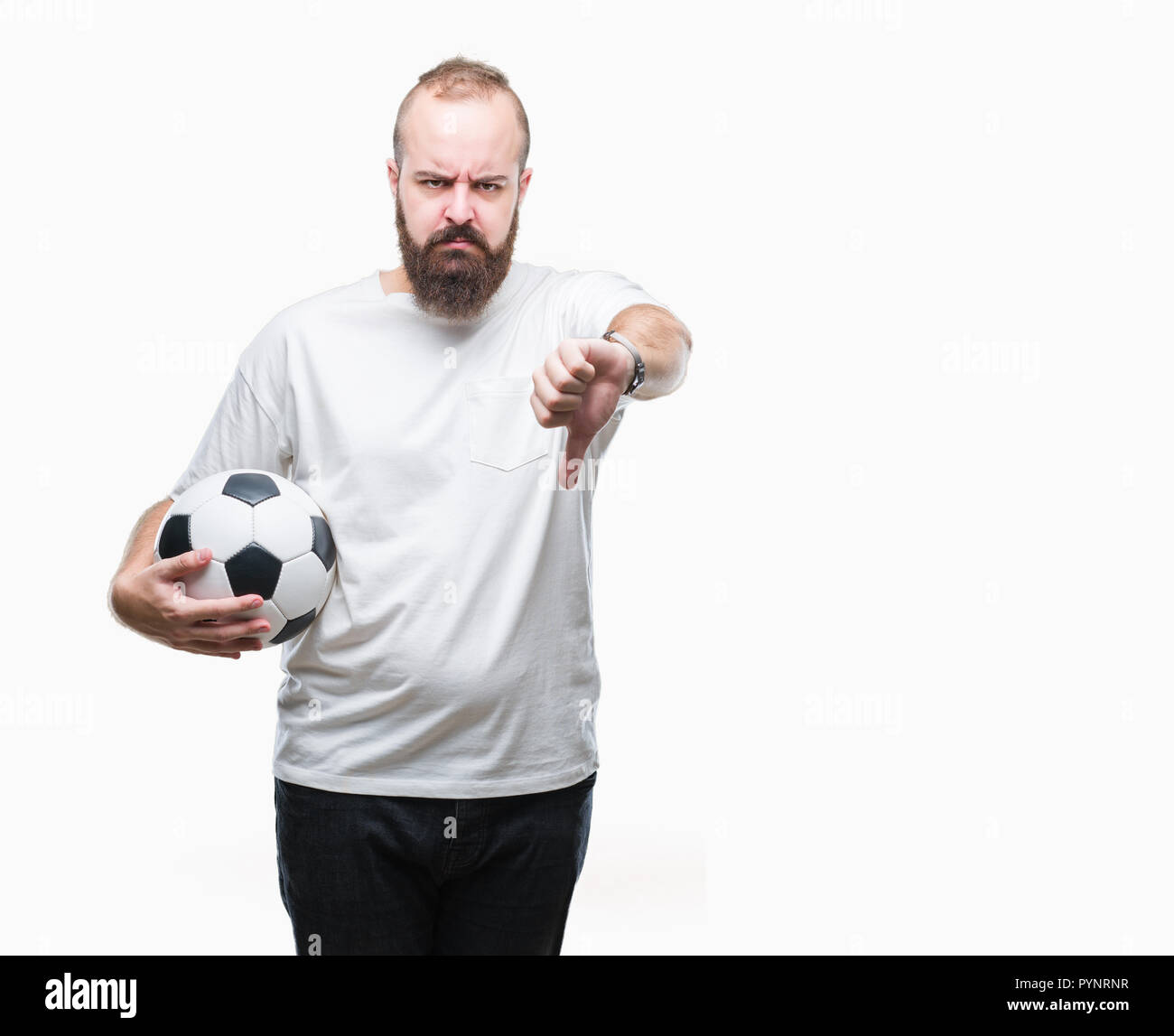 Young caucasian hipster man holding soccer football ball over isolated ...