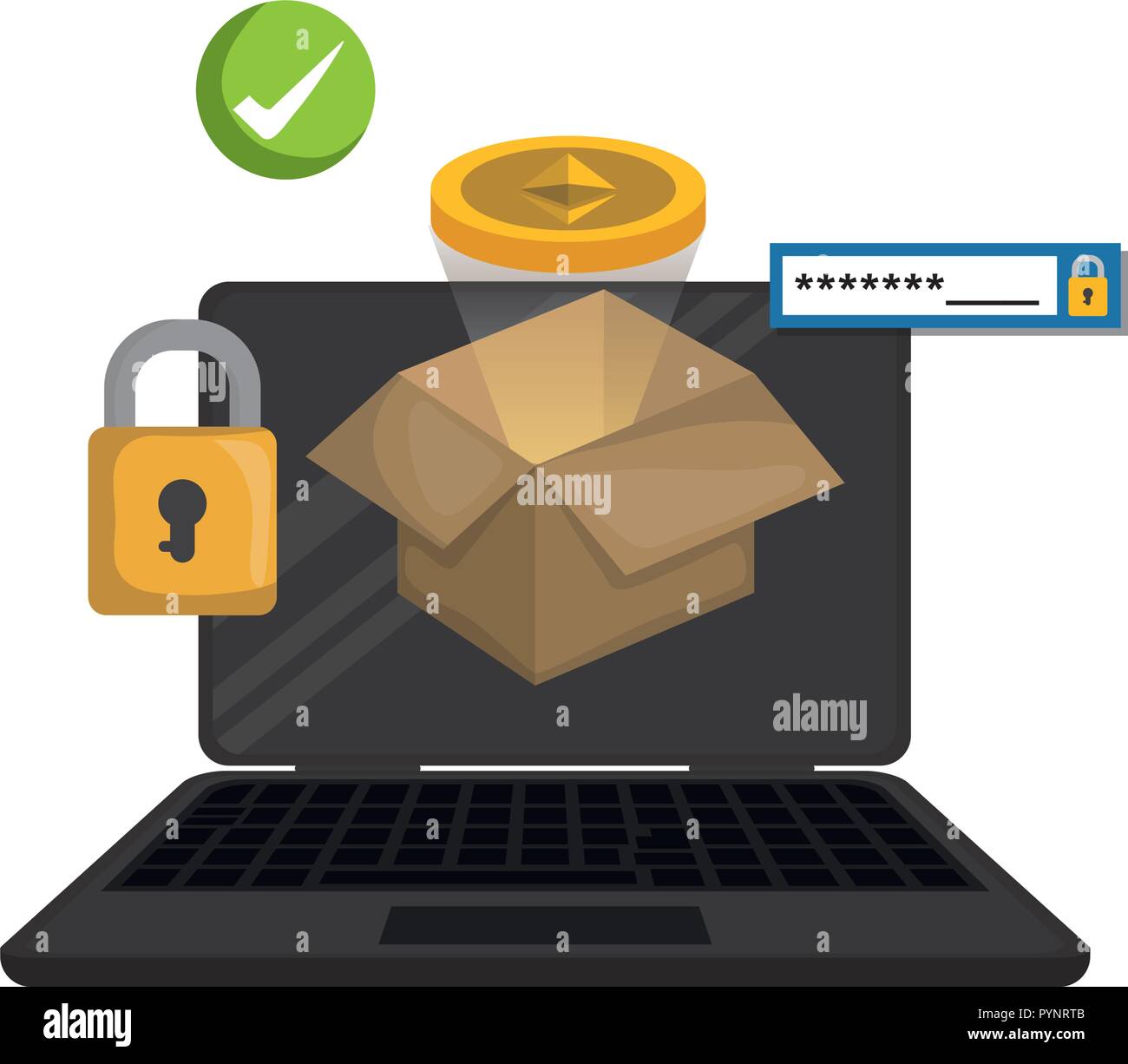 laptop with box carton and padlock vector illustration design Stock ...