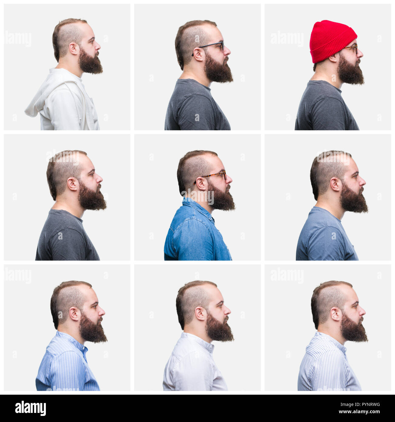 Collage of young man over isolated background looking to side, relax ...