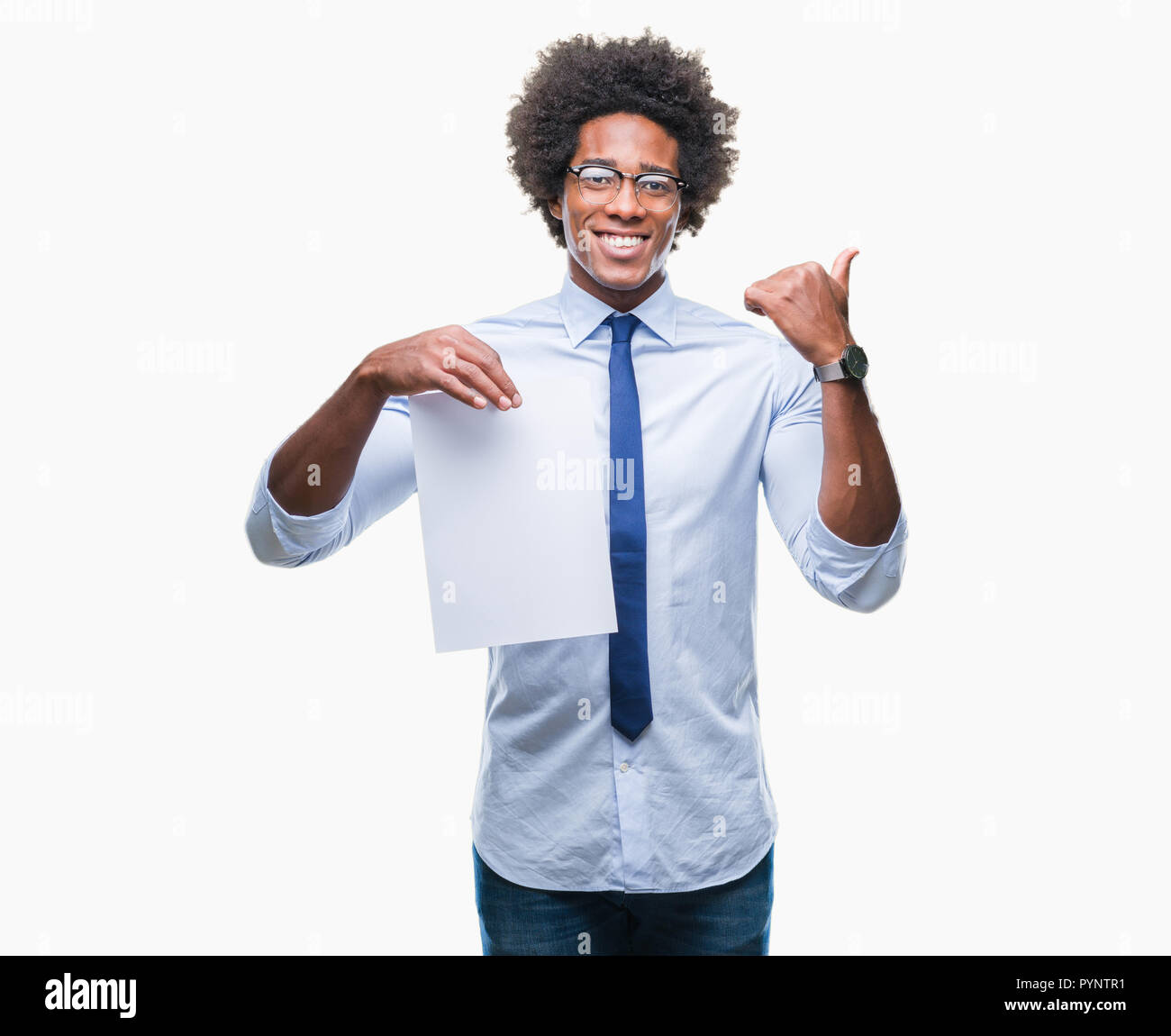 Afro american man holding blank paper contract over isolated background ...