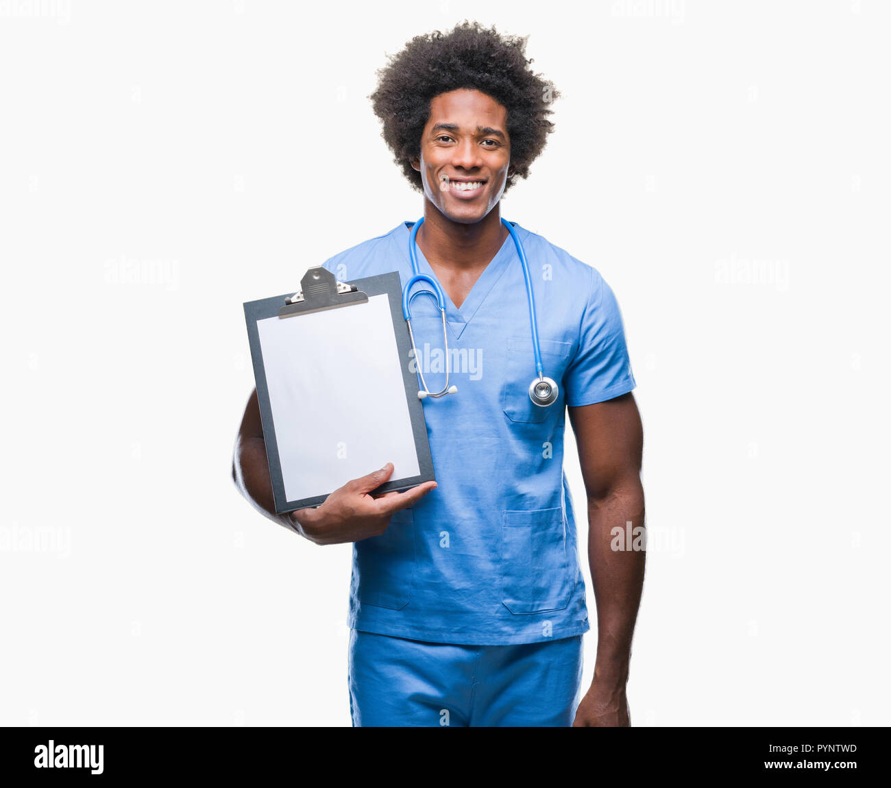 Afro american surgeon doctor holding clipboard man over isolated ...