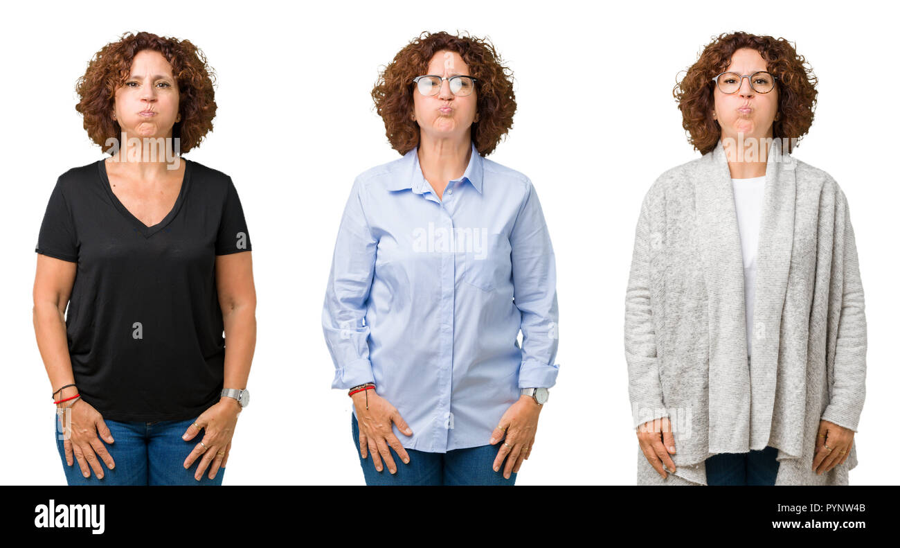 Collage of middle age senior woman over white isolated background ...