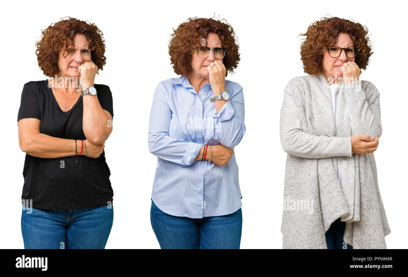 Collage of middle age senior woman over white isolated background ...