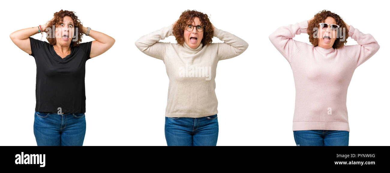 Collage of middle age senior woman over white isolated background Crazy ...