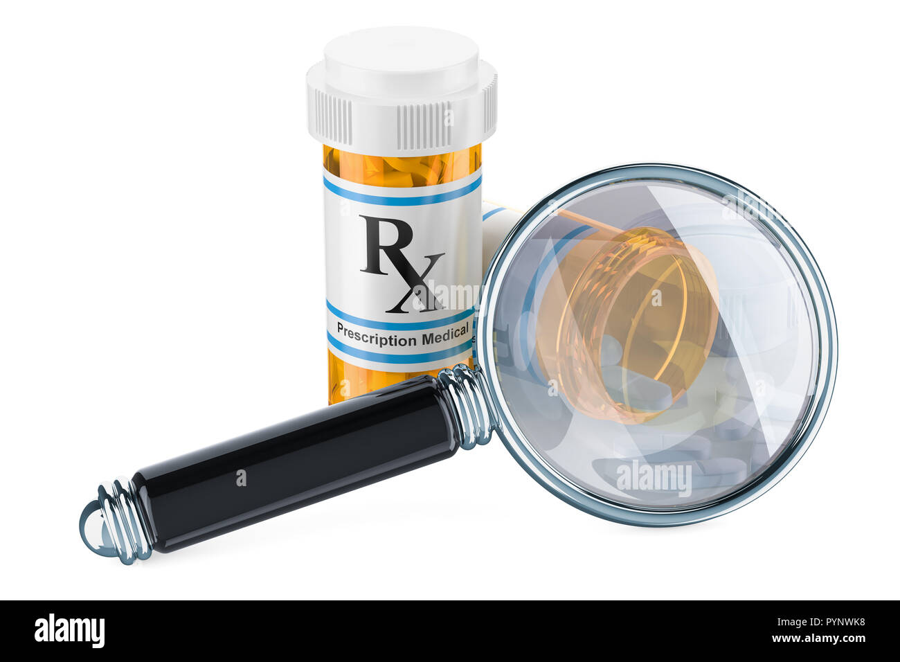 Magnifying glass with pills, analysis of drugs concept. 3D rendering ...