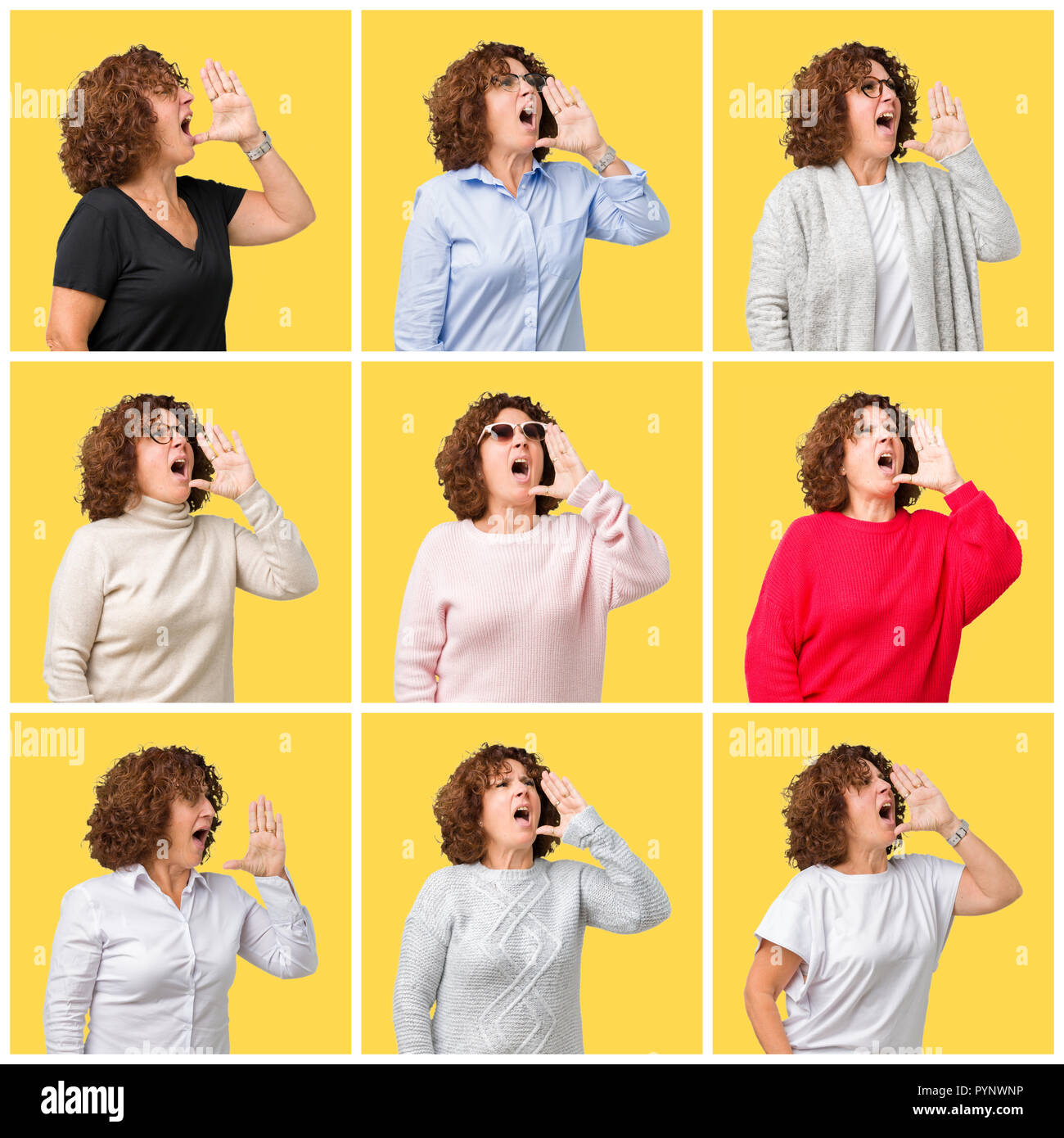 Collage of middle age senior woman over yellow isolated background ...
