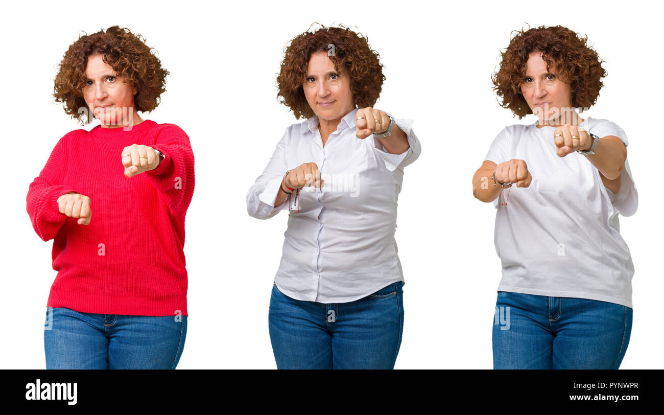 Collage of middle age senior woman over white isolated background ...