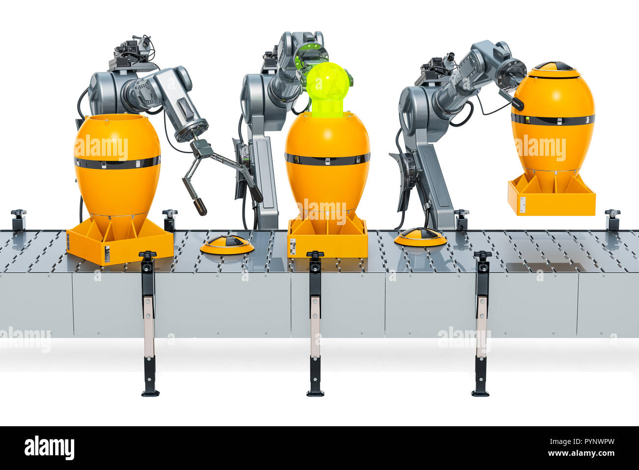 Robotic arms with nuclear atomic bombs on the conveyor belt, 3D ...