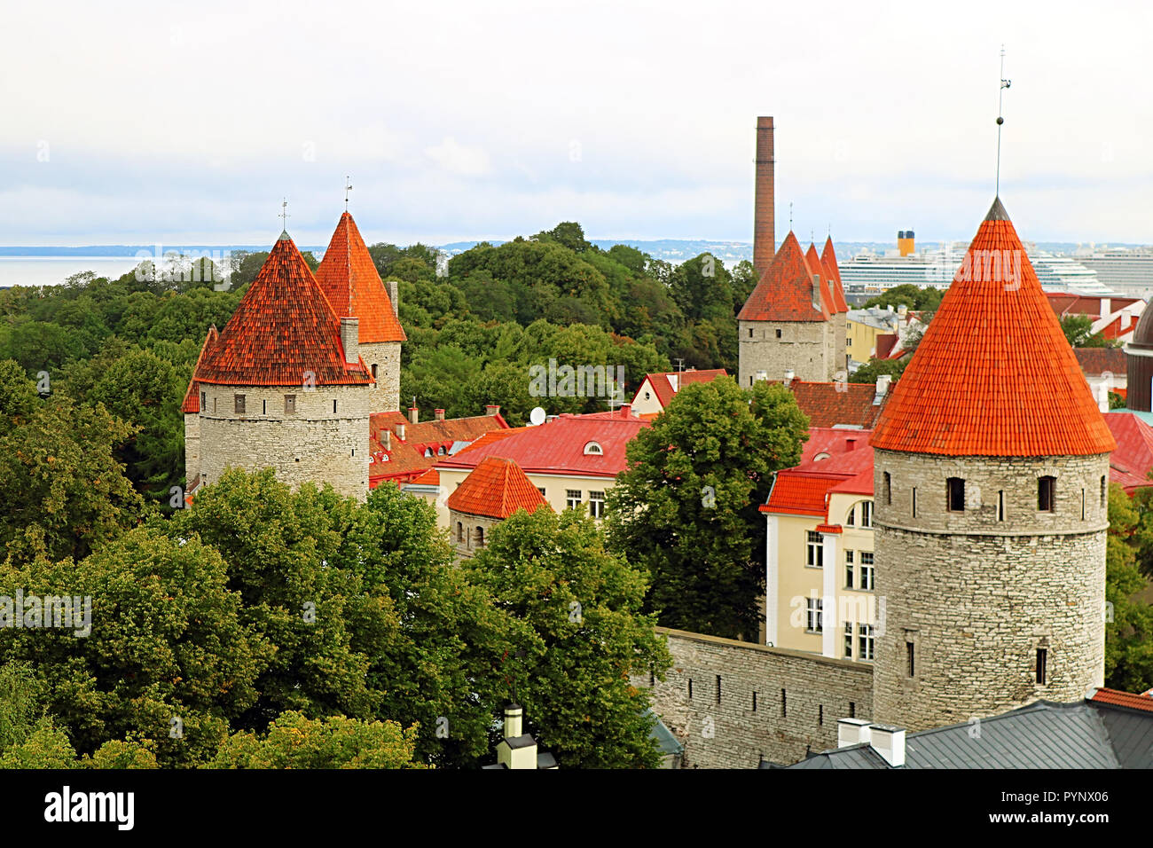 Tallinn city wall of old town. Aerial view of Tallinn skyline, Estonia ...