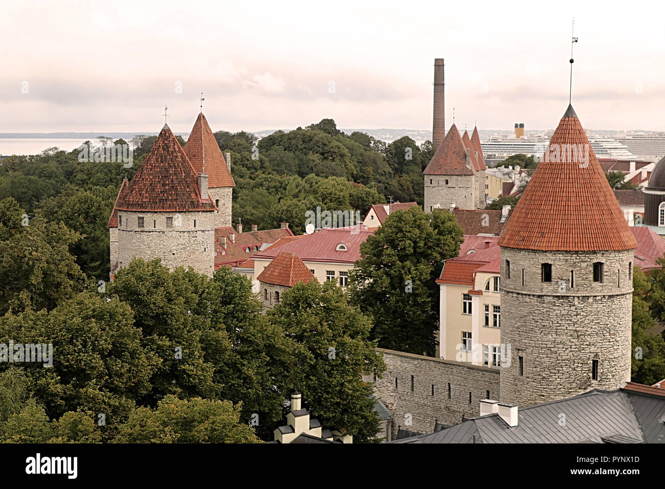 Tallinn city wall of old town. Aerial view of Tallinn skyline, Estonia ...