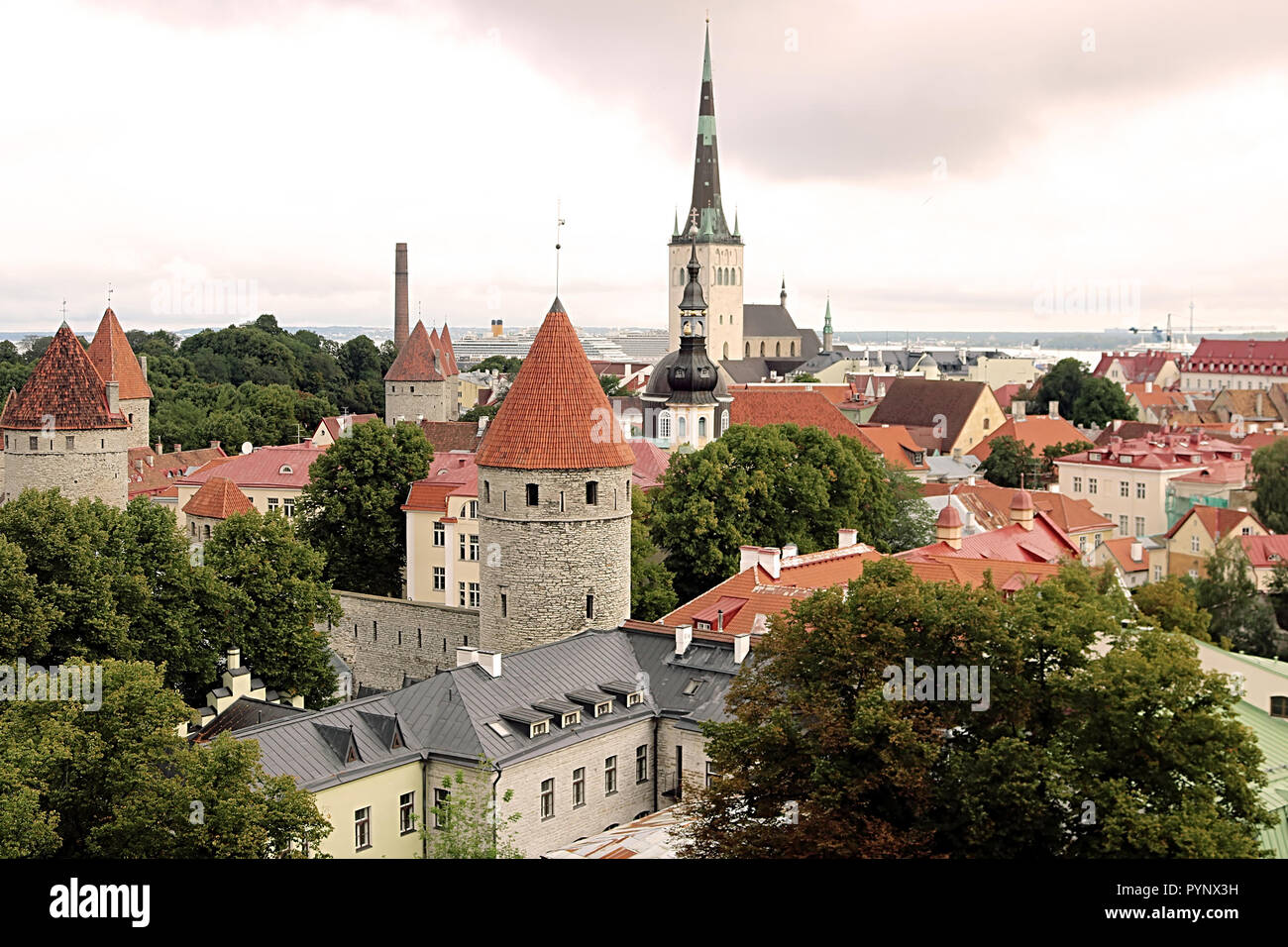 Tallinn city wall and St. Olaf's Church view. Aerial view of Tallinn ...