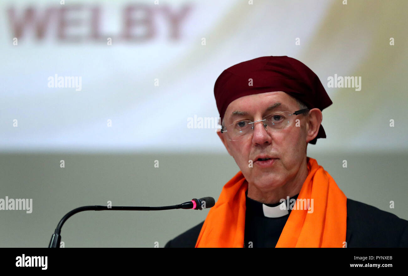 The Archbishop of Canterbury Justin Welby delivers a speech on a visit ...