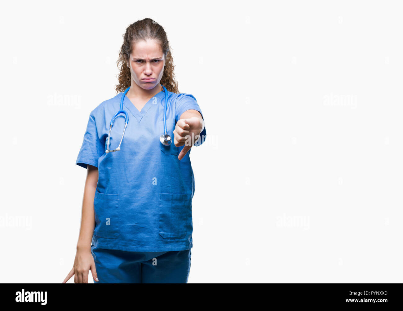 Young brunette doctor girl wearing nurse or surgeon uniform over ...